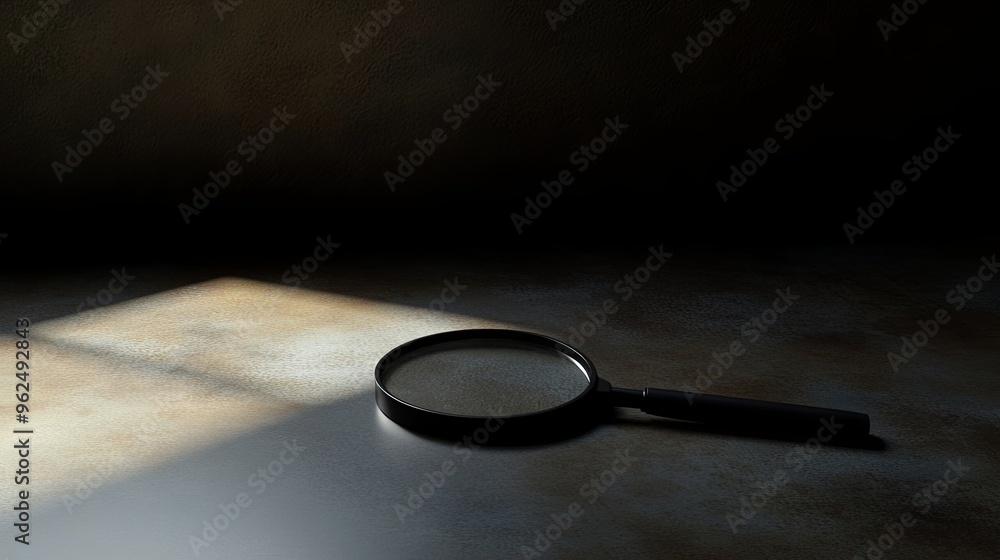 Minimalist desk setup with a magnifying glass centrally placed ...