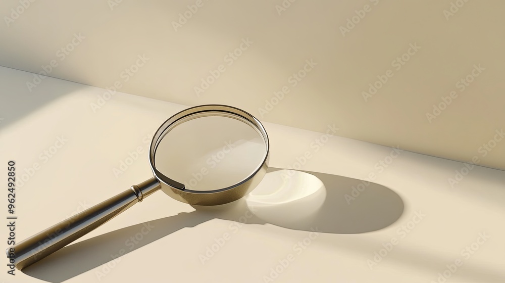 ภาพประกอบสต็อก Minimalist desk setup with a magnifying glass centrally ...