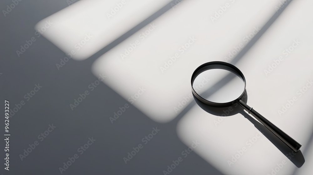 Minimalist desk setup with a magnifying glass centrally placed ...