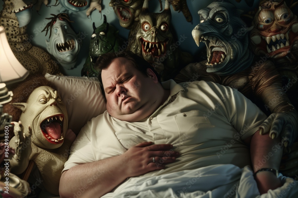 Dark of night scary monsters disrupt man's peaceful sleep. Eerie ...