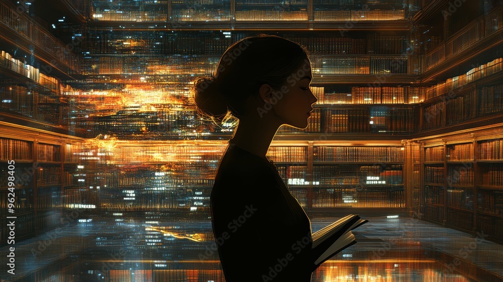 Librarian silhouette overlaid with rows of books and the grand interior ...