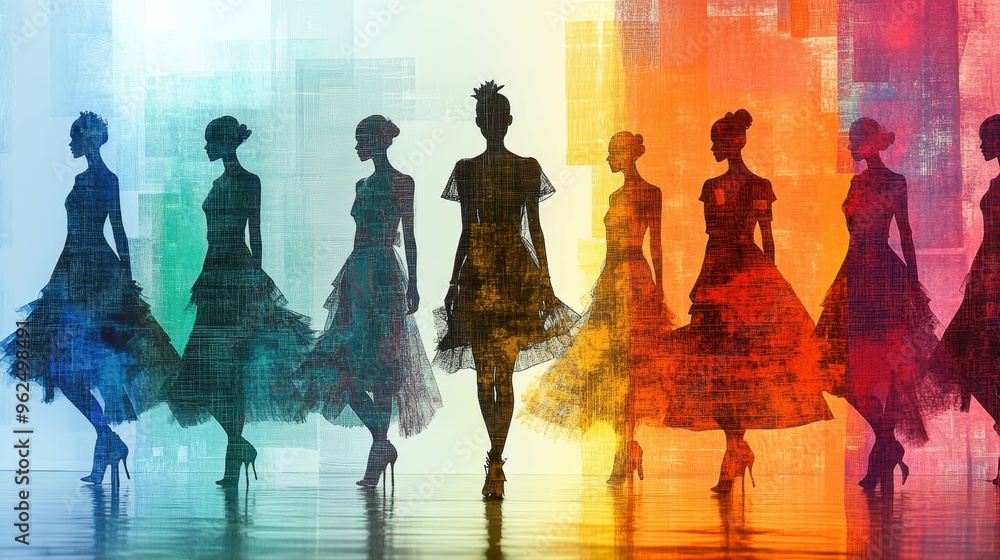 Fashion Designer silhouette combined with sketches, fabric swatches ...