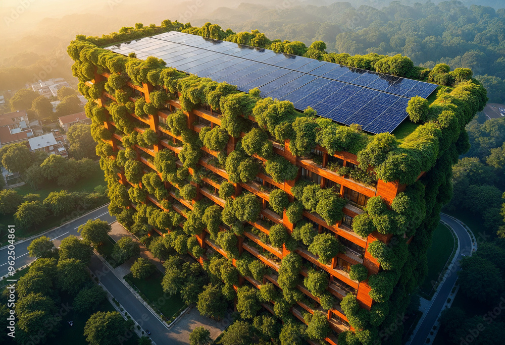 A modern building features lush vertical gardens and solar panels ...