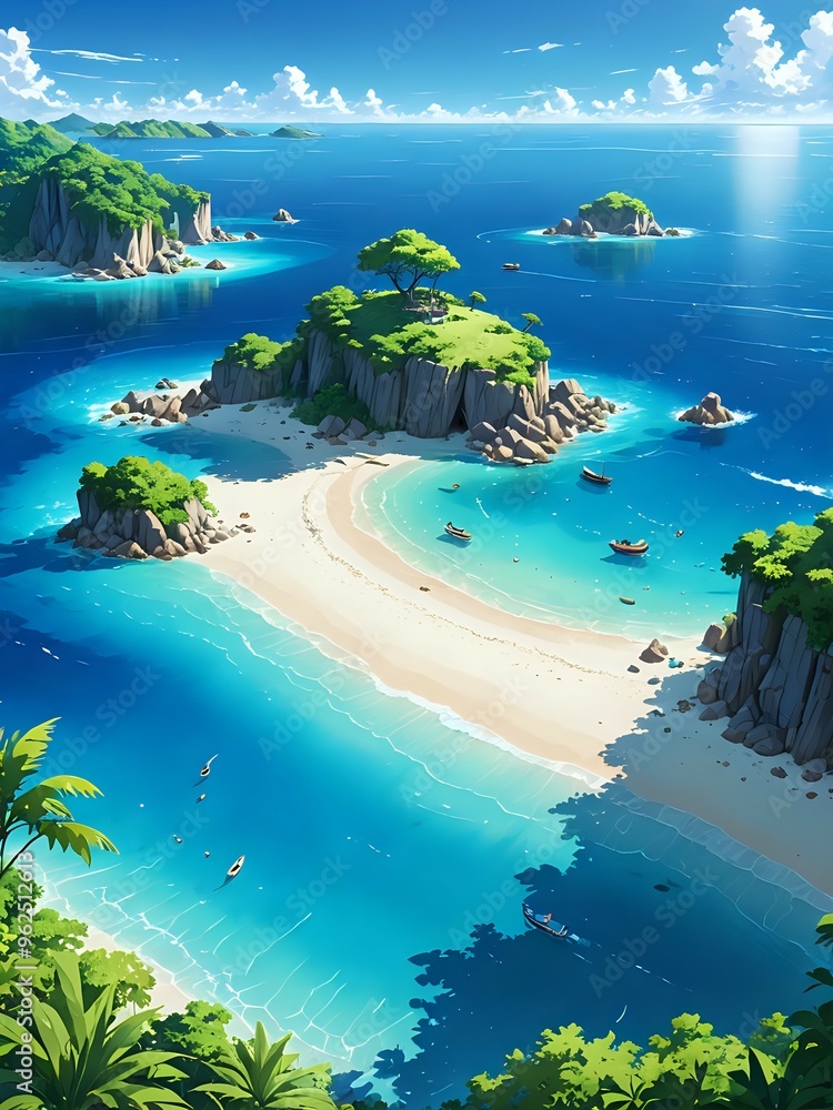 A small island is surrounded by crystal-clear blue waters, with fine ...