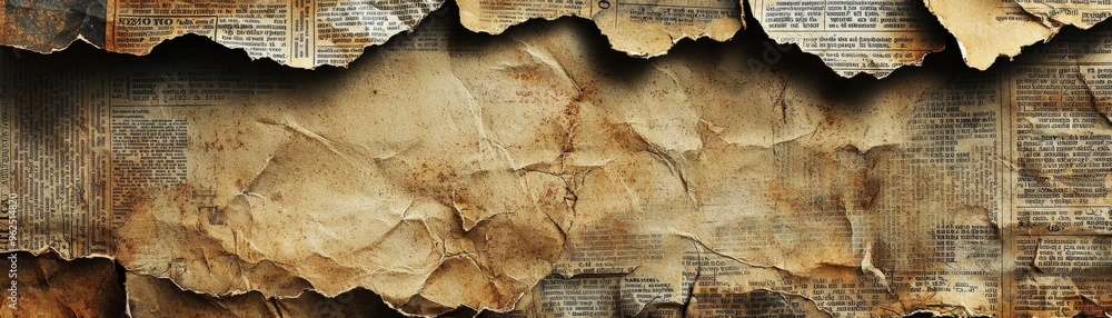 Grungy old newspaper texture with torn edges and faded ink, evoking a ...