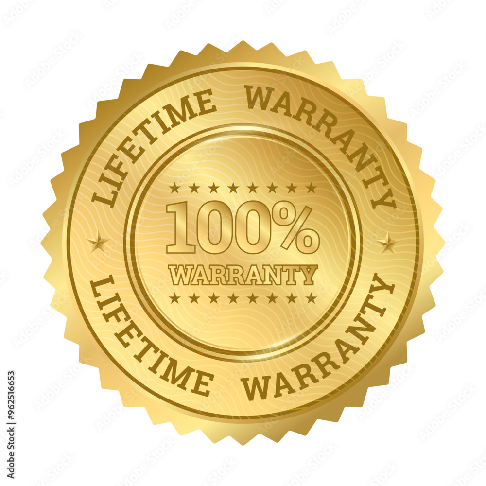 Lifetime Warranty label sticker, Gold round circle zigzag Edge badge ...