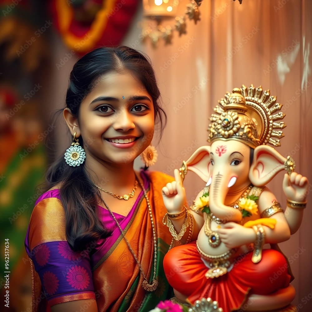 Cute Young Indian Girl Holding a Small Lord Ganesh Idol looking to ...