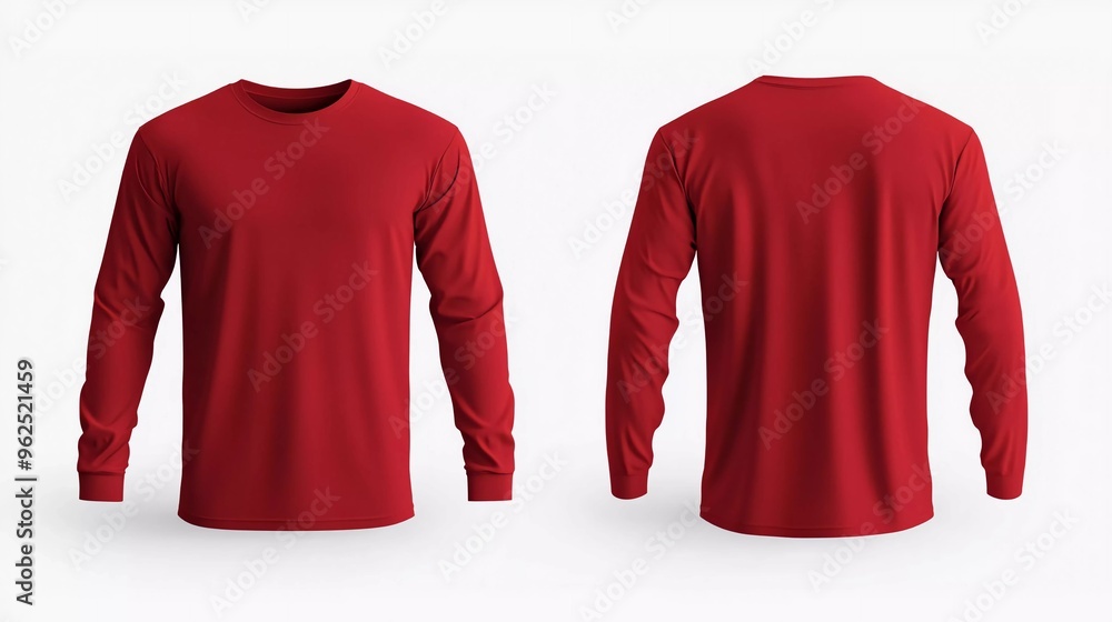 Blank red long sleeve t shirt front and back view on white background ...