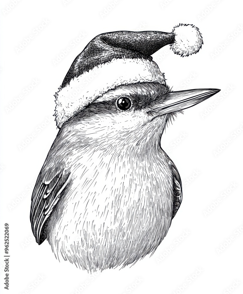 Black and white Vintage engraved art of a Nuthatch wearing a Christmas ... Black and white Vintage engraved art of a Nuthatch wearing a Christmas ...