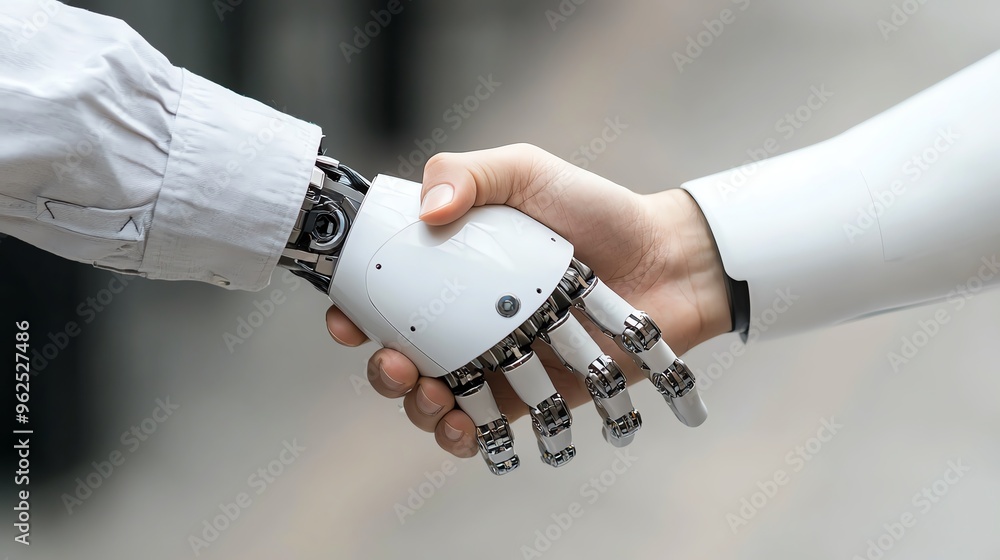 4 A human hand shaking hands with an AI-powered robotic hand ...