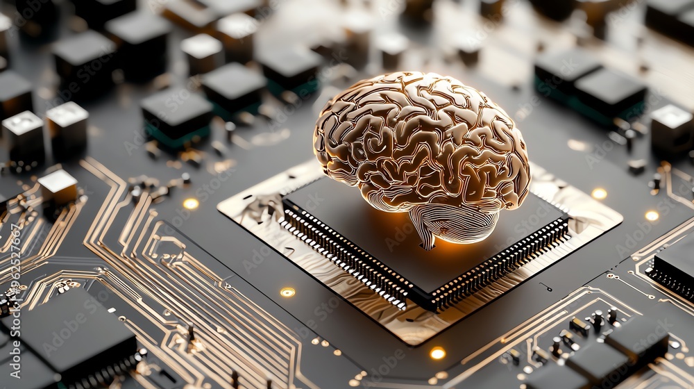 12 A glowing AI-powered chip integrated into a human brain, symbolizing ...