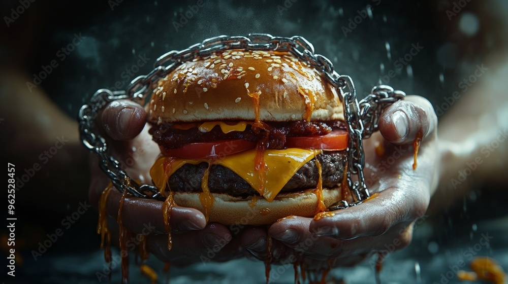 A person eating a hamburger as it transforms into chains, wrapping ...