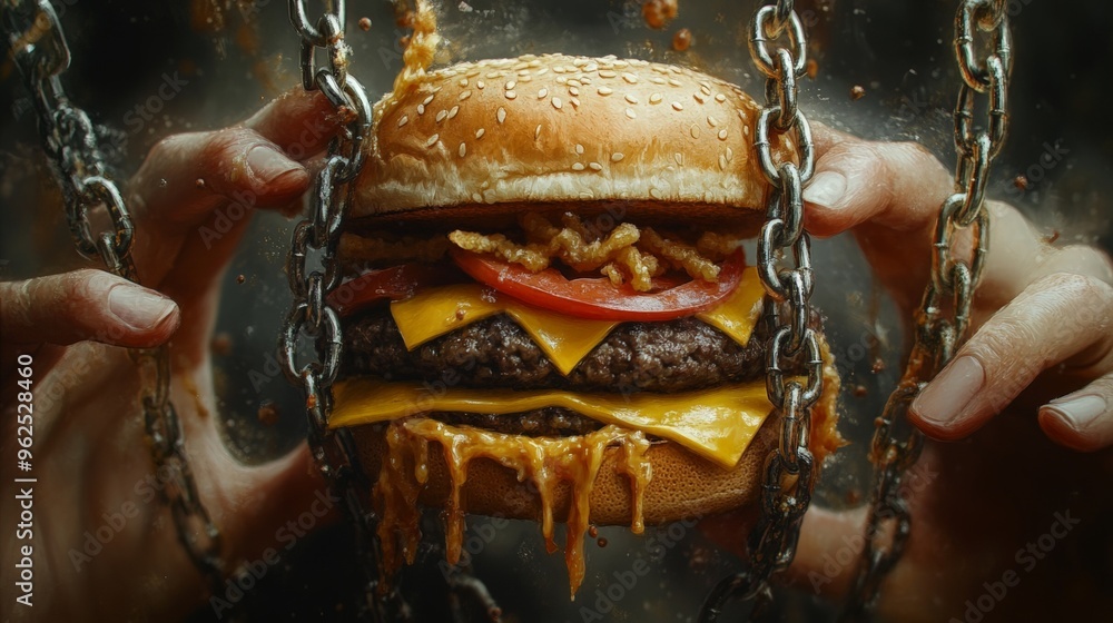 A person eating a hamburger as it transforms into chains, wrapping ...