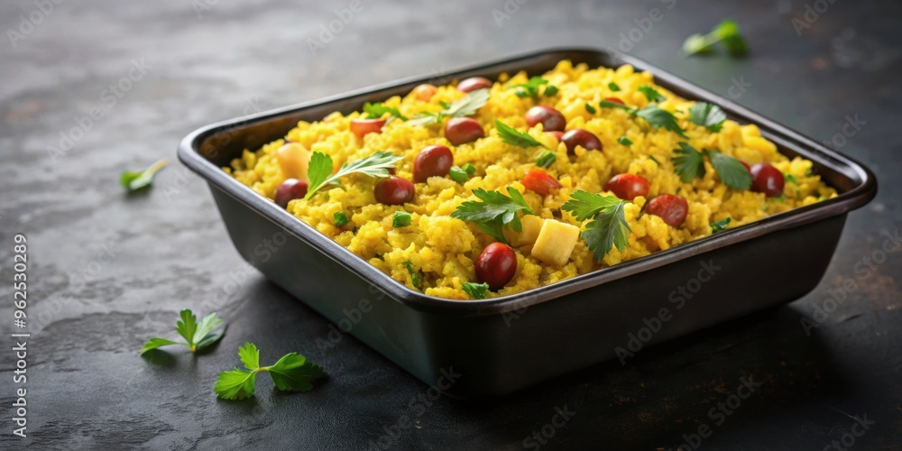 Kaanda poha in a black container, a traditional Maharashtrian breakfast ...