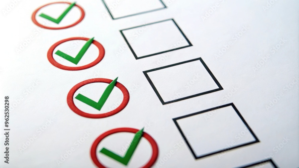 Tick mark on a series of check boxes, tick, mark, check boxes, complete ...