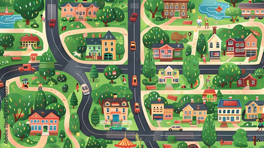 18. Cute city map seamless pattern with detailed cartoon elements ...