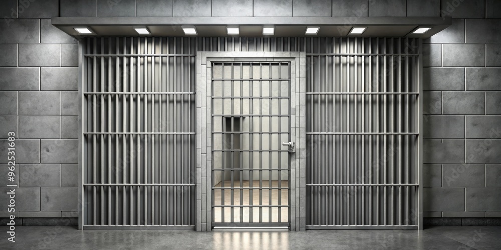 Prison cell with metal bars and closed cell door , prison, metal bars, jail, confinement ...
