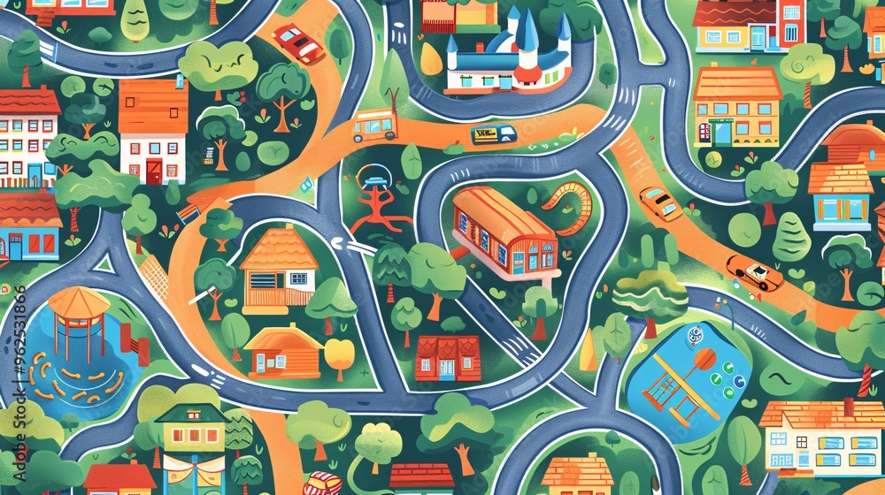 20. Colorful and fun city map illustration, showcasing a seamless ...