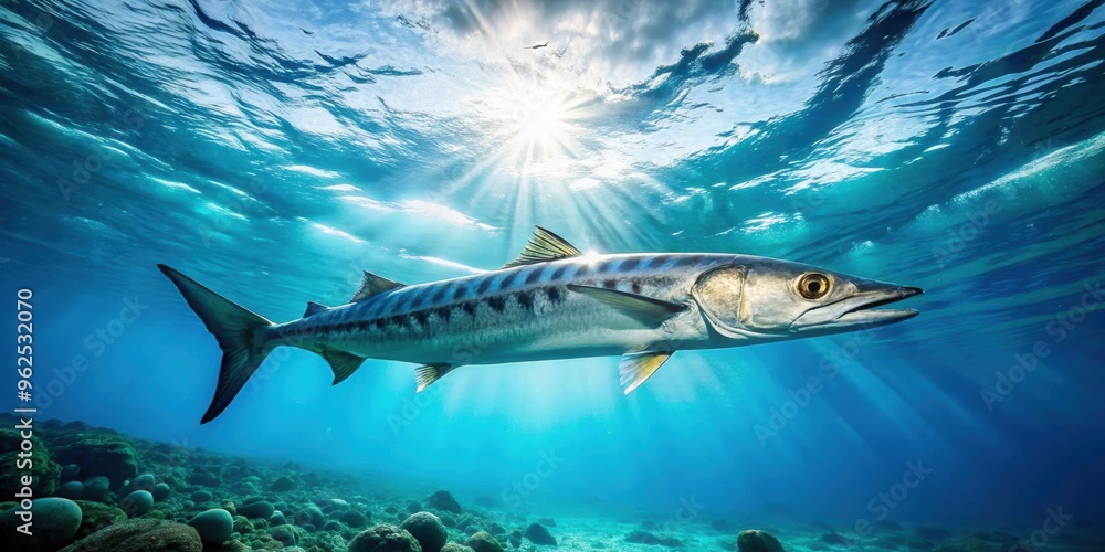 Barracuda swimming gracefully in the crystal blue waters of the ocean ...
