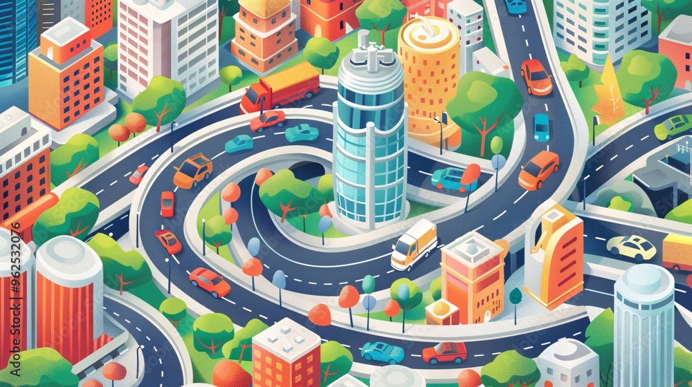 21. Charming vector 2D illustration of a cartoon city scene with cars ...