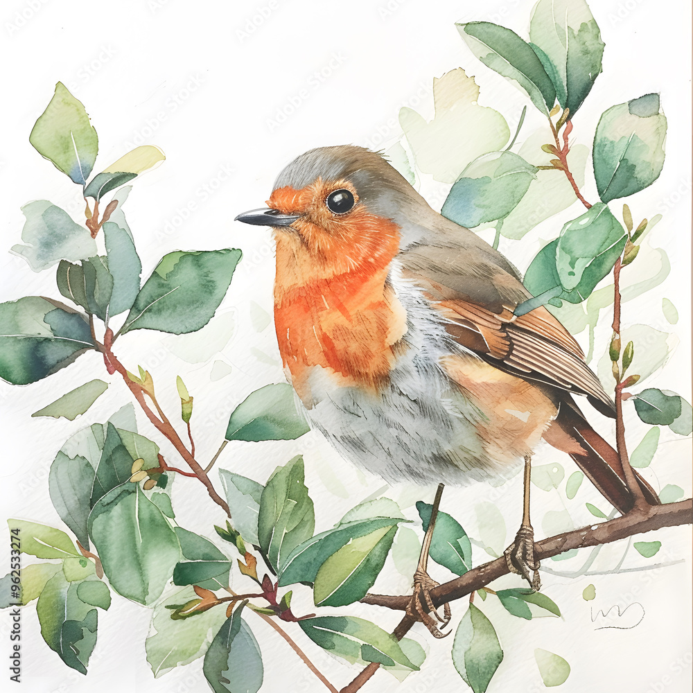 Beautiful watercolor painting of a red-breasted robin perched on a leafy branch. Nature-inspired ...