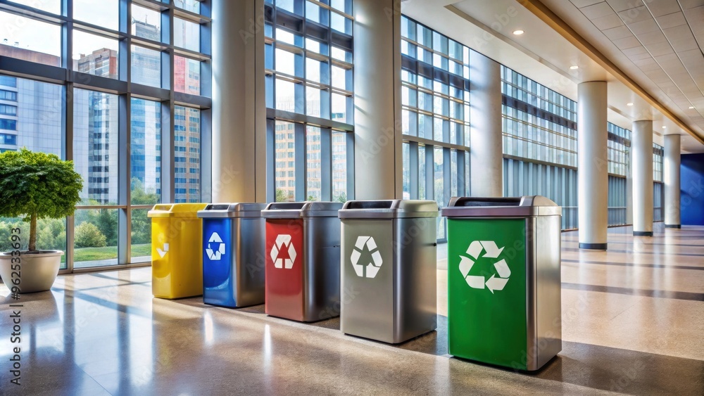 Trash cans with recycling and compost signs for waste separation in ...