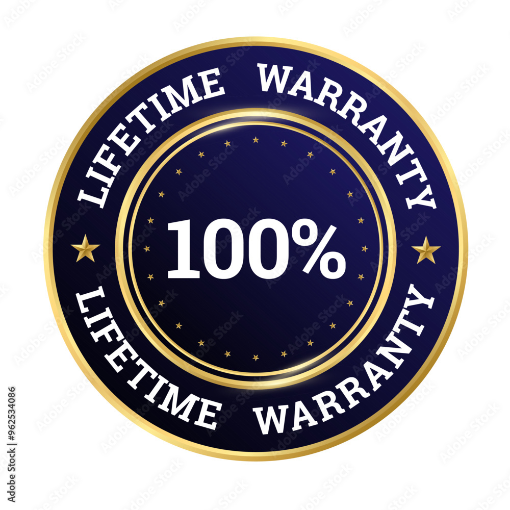 Lifetime Warranty label, Gold and blue badge icons for Premium quality ...