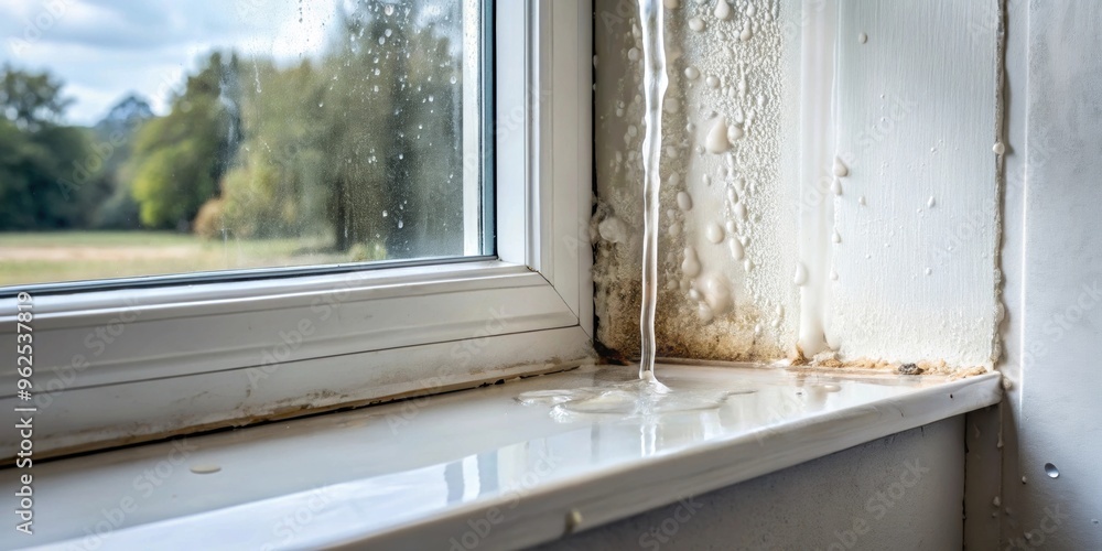 Water leaking through damaged window sealant on interior wall, leak ...