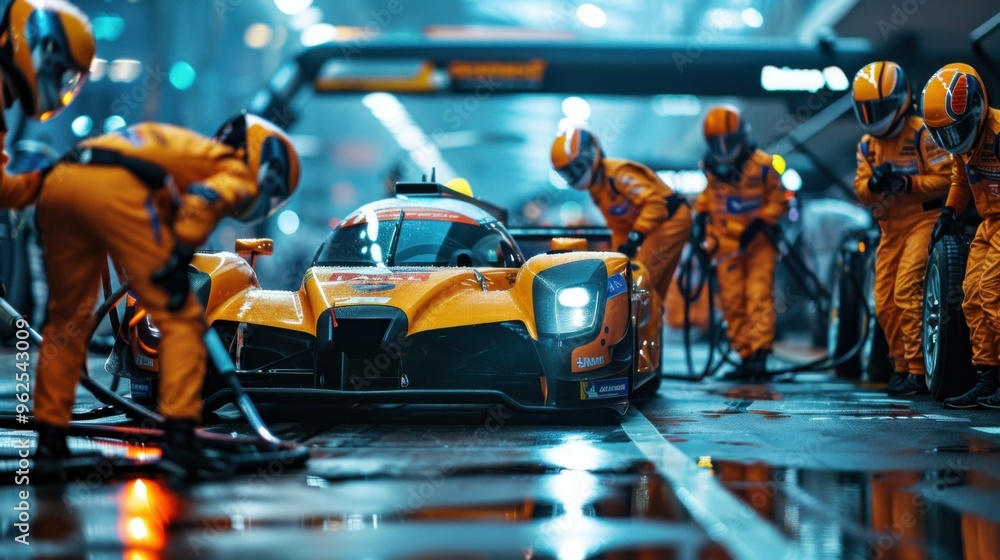 Professional pit crew ready for action as their race car enters the pit lane during a pitstop ...