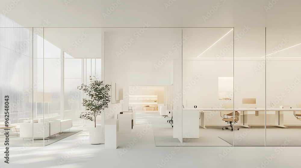 3D-rendered white office with minimal furnishings, glass partitions ...