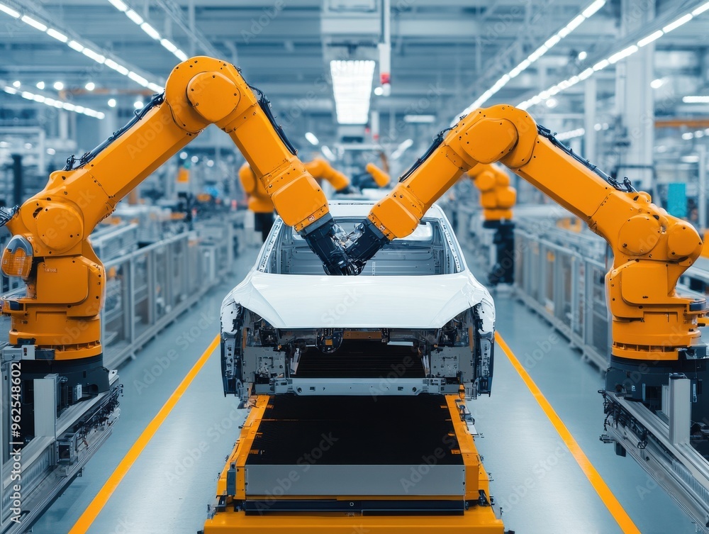 Advanced robotic arms assemble a car in a modern manufacturing facility, showcasing automation ...