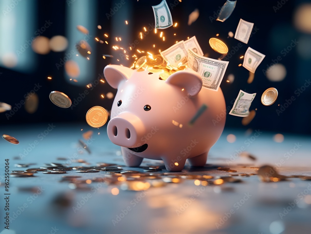 Savings Boost Concept with Exploding Piggy Bank Showering Bank Notes ...
