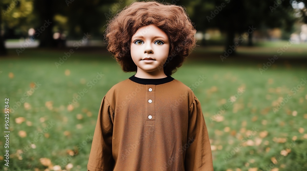 A lifelike mannequin of a child standing in a park. The unsettling ...