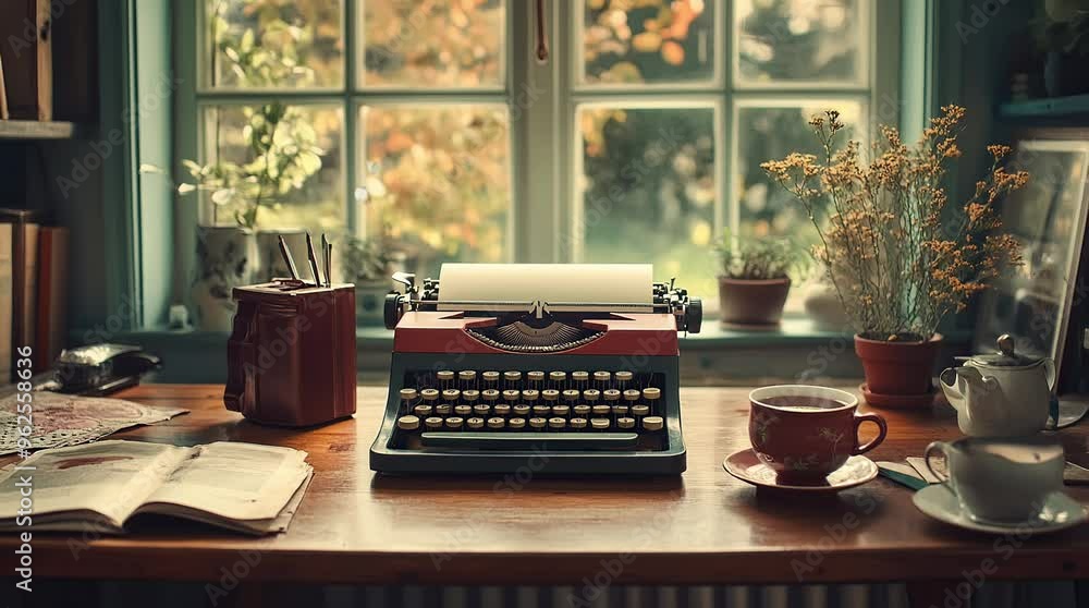 Vintage typewriter placed on a table beside a window with natural light ...
