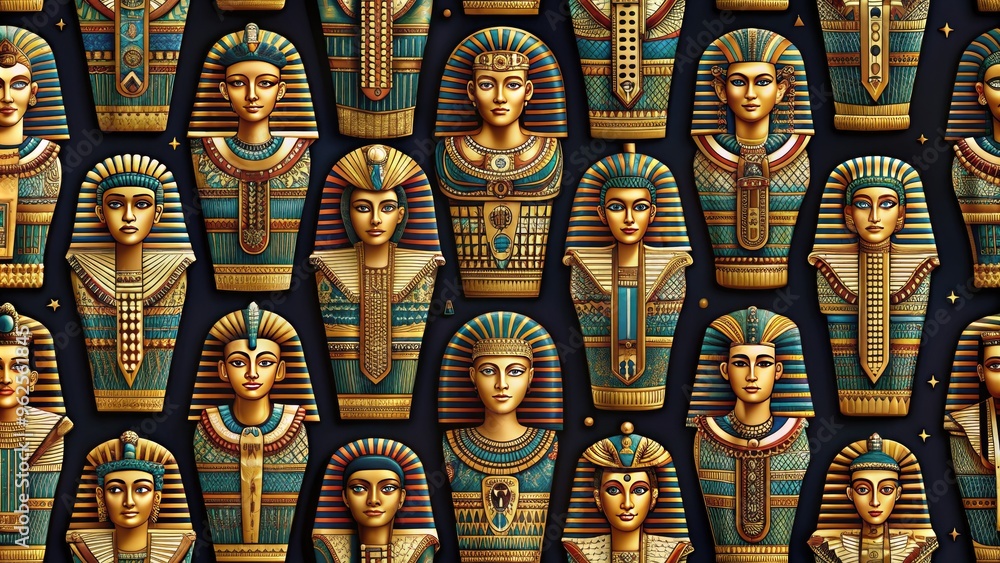 Seamless Egyptian sarcophagi pattern with pharaohs, deities, and ...
