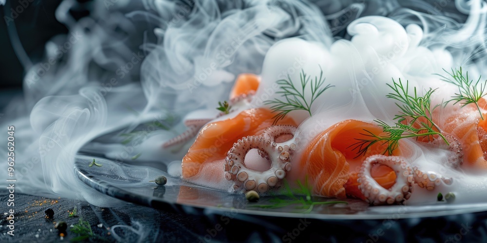 Detailed view of smoked salmon carpaccio and octopus accented with ...