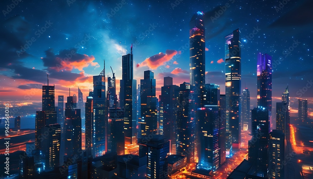 The skyscrapers of modern cities complement each other with the stars ...