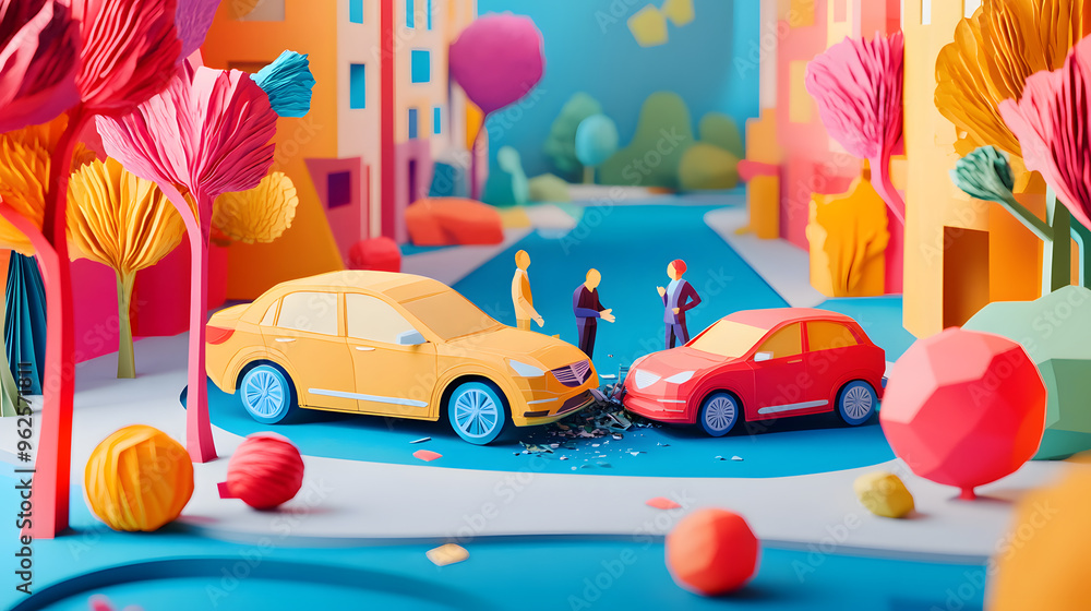 Car accident scene with two cars and people discussing the event ...
