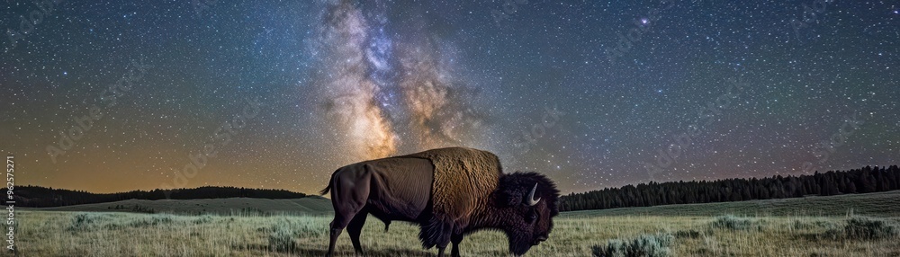 Bison grazing under the Milky Way, starry night, Yellowstone National ...