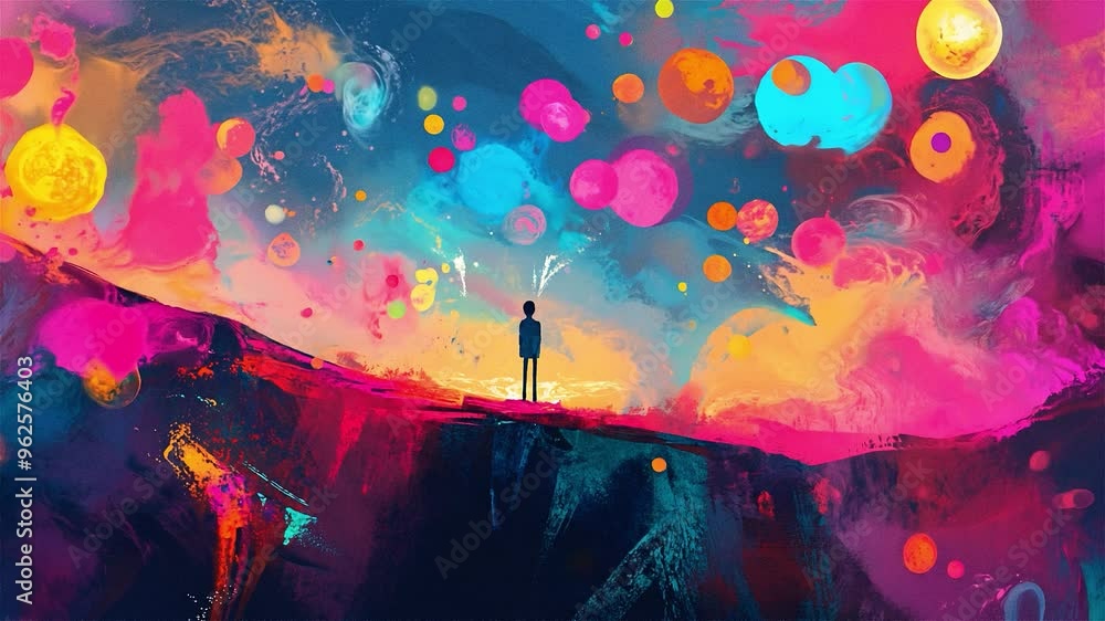 Abstract Animation of a Young Boy Standing Alone in a World of Colors ...