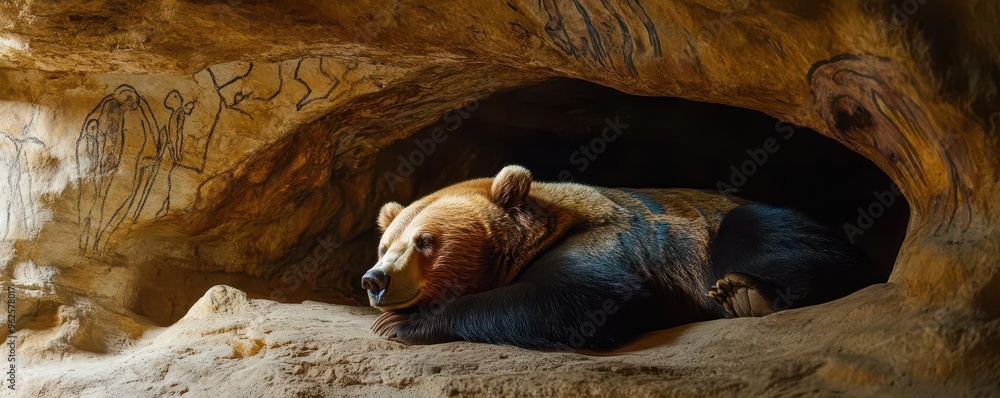 Hibernating bear deep within a cave, surrounded by ancient cave ...