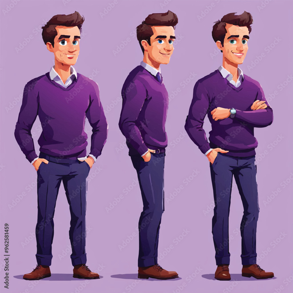 young handsome man poses wearing blue shirt and jeans half turn view ...