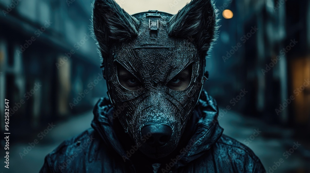 A man adorned in a terrifying metal wolf mask stares ominously into the ...