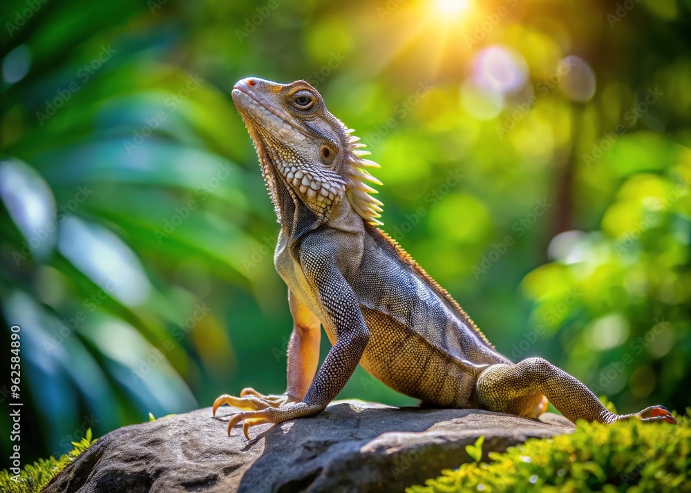 A serene, scaly lizard stretches on a sunny rock, its diminutive legs ...