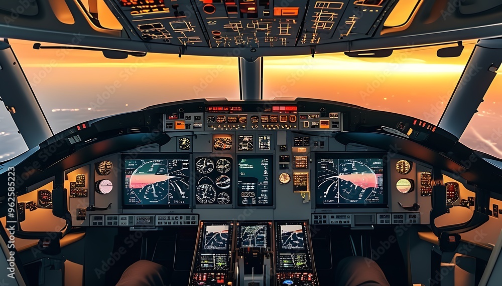 This image shows the cockpit of an aircraft with multiple instruments ...
