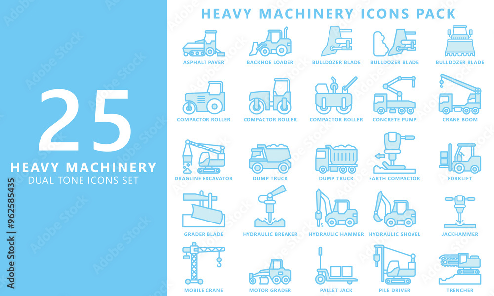 Heavy equipment dual tone blue color icon set, contain compactor ... Heavy equipment dual tone blue color icon set, contain compactor ...
