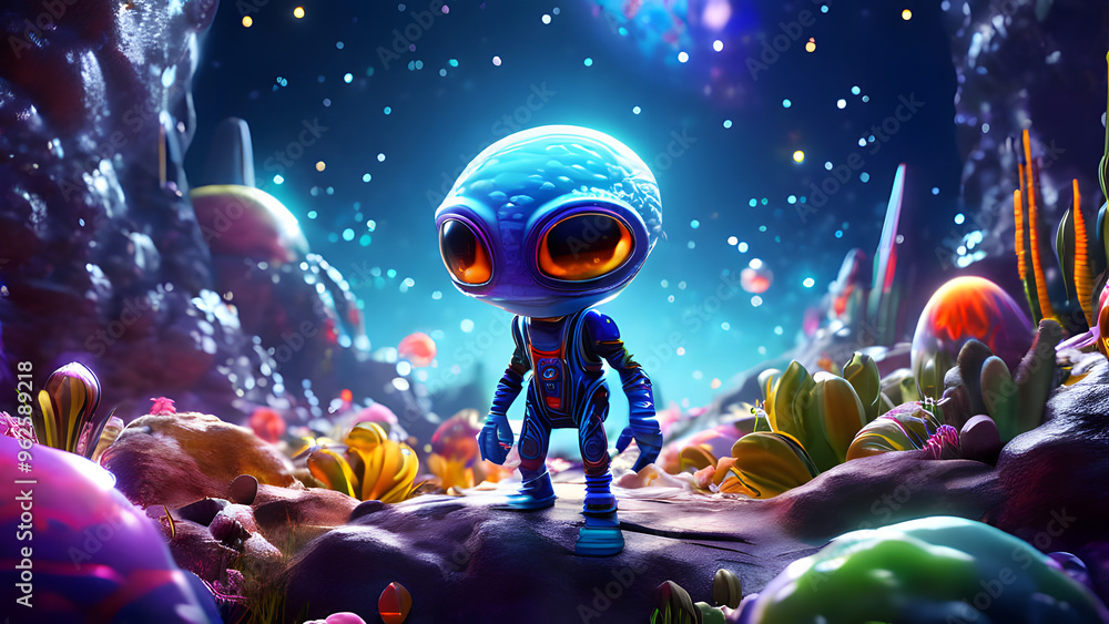 Curious Alien Cartoon Character in Colorful Suit Exploring a Strange ...