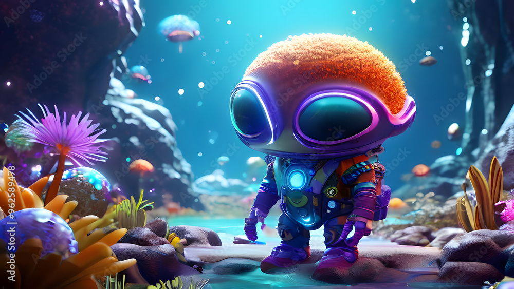 Curious Alien Cartoon Character in Colorful Suit Exploring a Strange ...