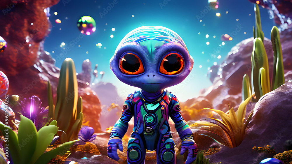Curious Alien Cartoon Character in Colorful Suit Exploring a Strange ...
