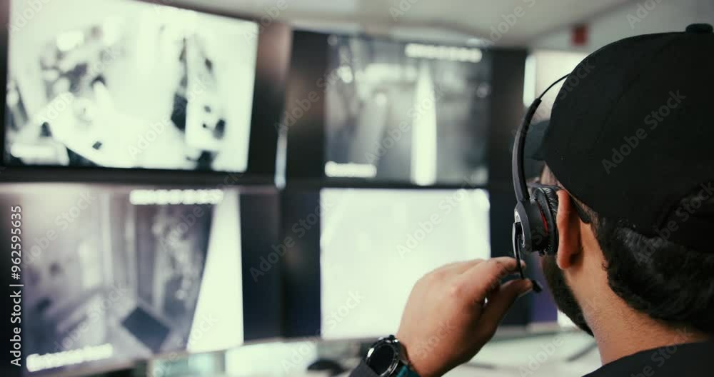 Security guard, surveillance and microphone with man in control room ...